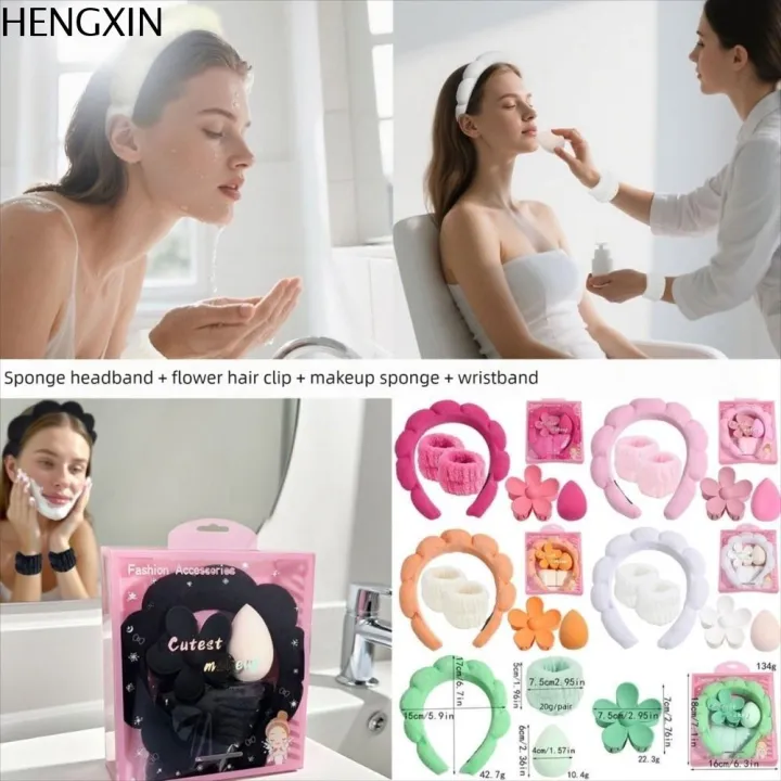 HENGXIN 5Pcs ที่คาดผม ที่คาดผมสปาและสายรัดข้อมือ ล้างหน้า คลิปหนีบผม ...