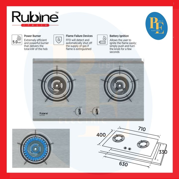 Rubine 5.0kW Stainless Steel Built-In Gas Cooker Hob - RGH-ENYA2B-SS ...