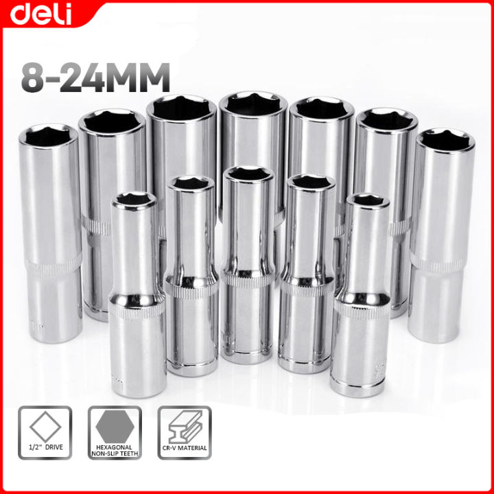 Deli 1/2'' Deep Socket Wrench Set Full Size Cr-V # 8mm 10mm 12mm 13mm ...