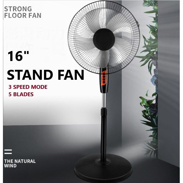 (5 Blades+Plug Malaysia) Quality Strong Wind 16 inch Stand Fan 3 Speed Mode 5 blades silent Fan ...