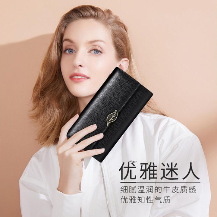 BANYANU Black Women Wallet Cow Genuine Leather Trifold Long Purse for ...