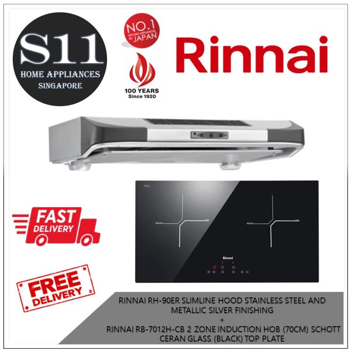 RINNAI RH-90ER SLIMLINE HOOD STAINLESS STEEL AND METALLIC SILVER FINISHING + RINNAI RB-7012H-CB ...