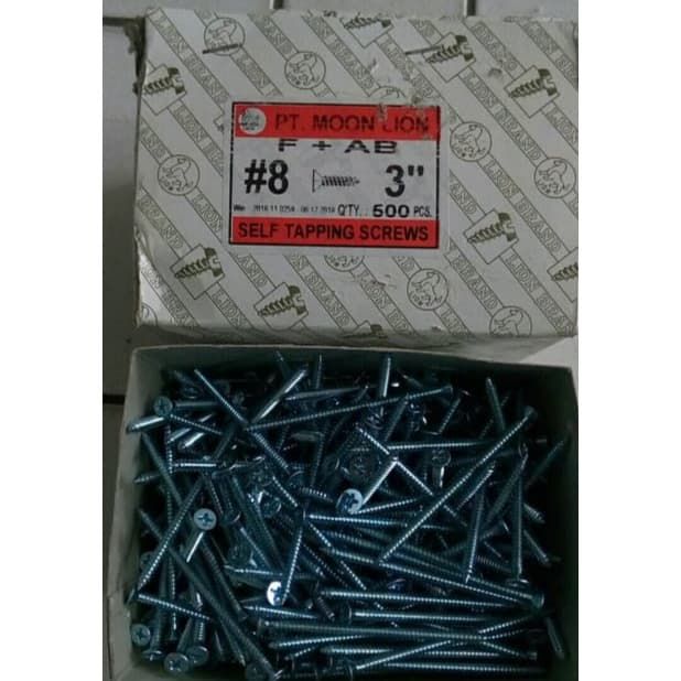 Skrup Tapping Screw Moon Lion Kepala Rata 8 x 3inch FAB Isi 500 Pcs ...