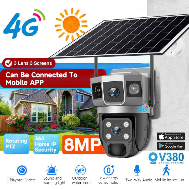 CCTV Camera 3-Lens 10MP 4G SIM Solar Outdoor Waterproof IP66 Connect ...