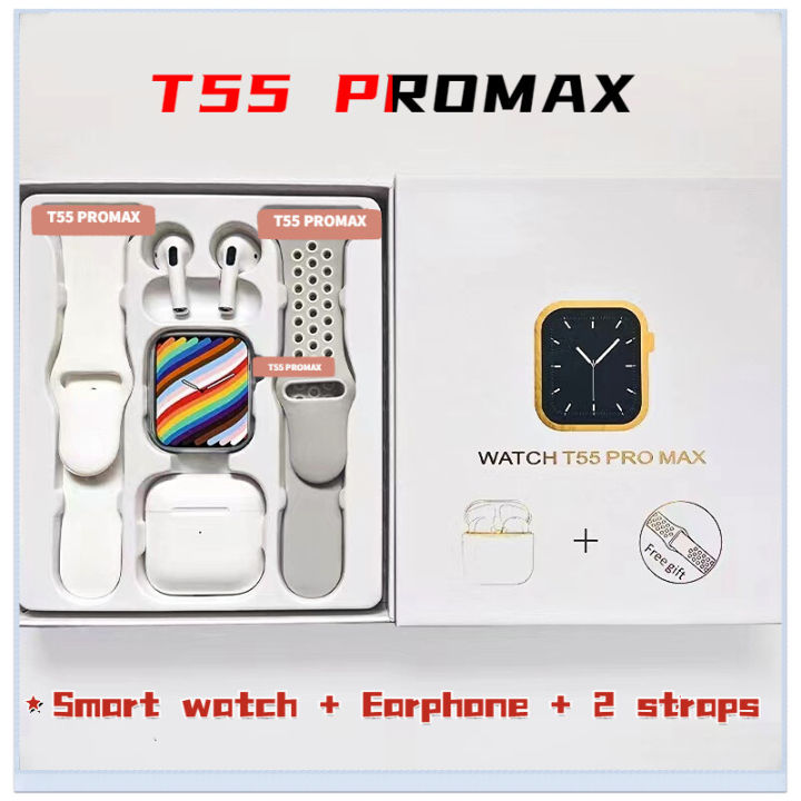 Original T55 Pro Max Smart Watch with Pro 4 Earbuds + 2 Straps Set ...
