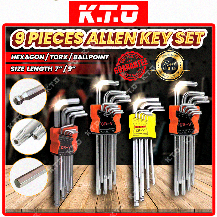 9 Pcs Allen Key Wrench Set Hex Torx Ball Point Extra Long CRV S2 L-Shape Allenkey Screwdriver ...
