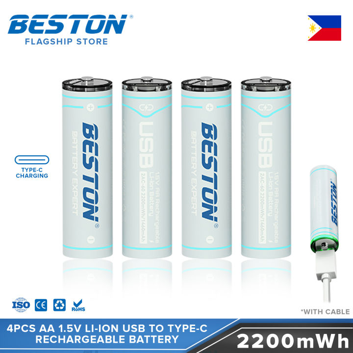 Beston 4pcs AA 1.5V Li-ion USB to Type C Rechargeable Lithium Battery ...