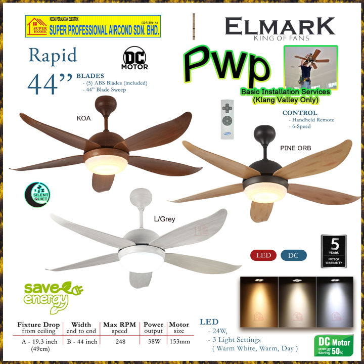 Elmark Rapid Ceiling Fan With LED Light (24w 3 Tones Color LED Light ...