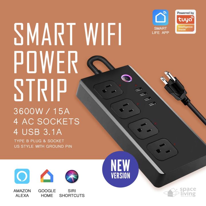 SMART WIFI POWER STRIP V2 Extension Cord - 15 Ampere, 3600 Watts, 4 AC ...