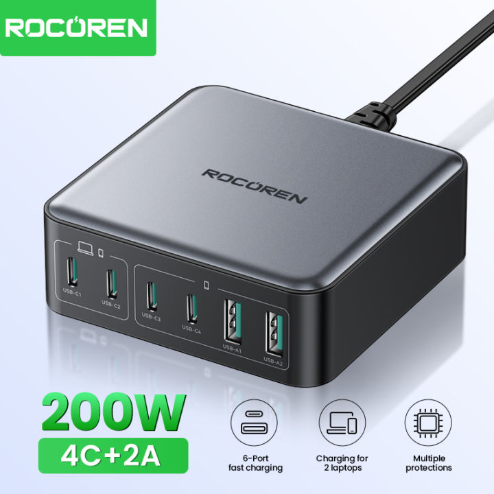 Rocoren 200W 4 * USB-C + 2 * USB-A Gan Sạc 6-Cổng Pd3.0 Nhanh Bộ sạc để ...