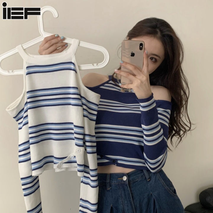 IEF 2023ใหม่เสื้อถักสตรีสุทธิสีแดงร้อนสไตล์ H Alter คอปิดไหล่ลายแขนยาวเสื้อบอททอมด้านบน | Lazada ...