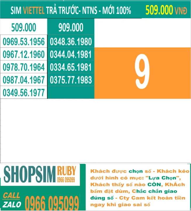 Sim 09 Viettel Trả trước chính hãng -Chọn số - Nghe gọi, Nhắn Tin, 4G ...