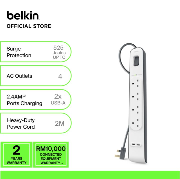 Belkin BSV401sa2M 4 Outlets 2M Surge Protection Strip with 2 USB Ports ...