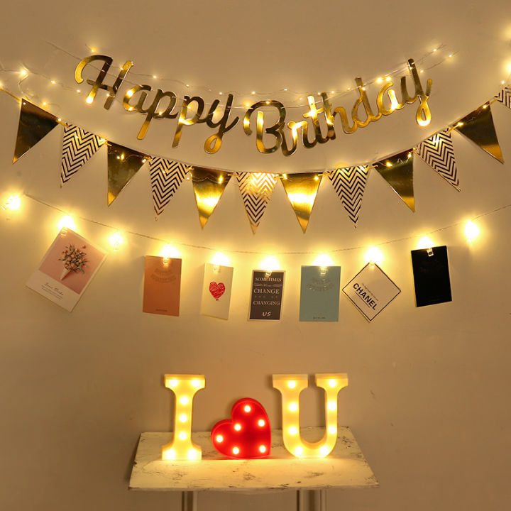 Flag Happy Birthday Banner Set With LED String Light Wall Background ...