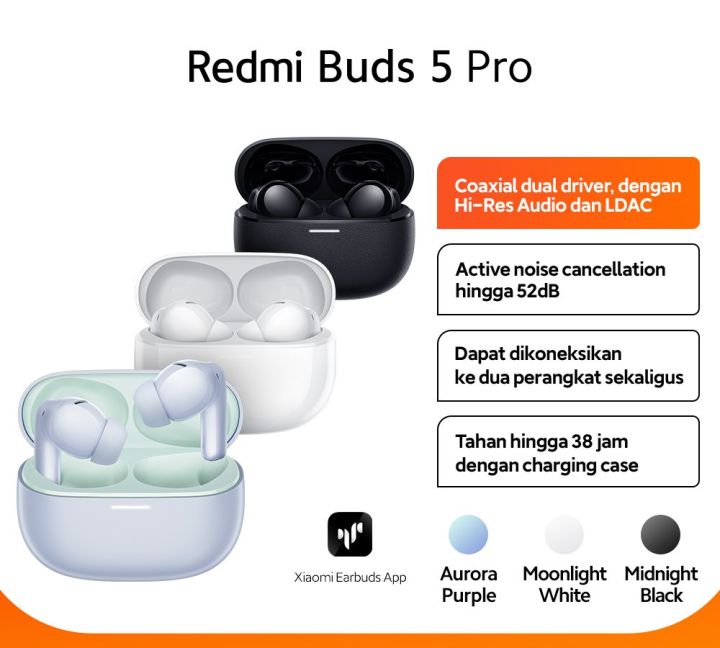 Xiaomi Redmi Buds 5 Pro | Peredam kebisingan aktif 52 dB | Hi-Res Audio ...