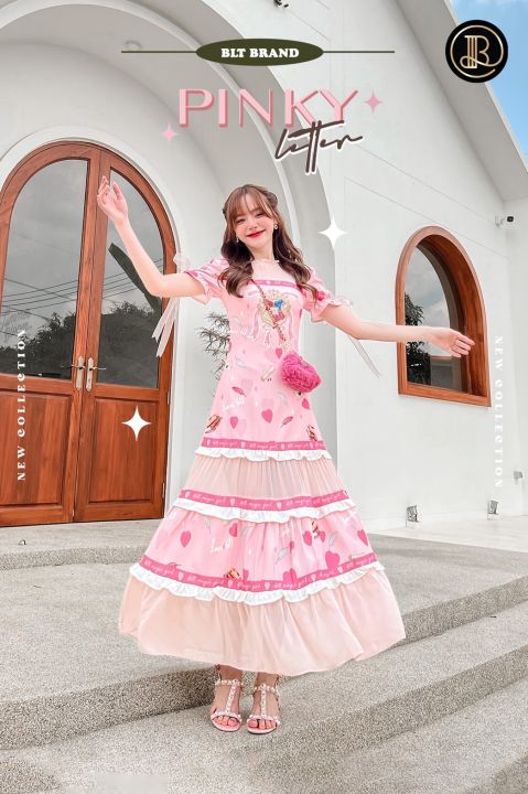 BLT BRAND การันตีเสื้อผ้าแบรนด์แท้ เดรสยาวสีชมพูพิมพ์ลาย PINKY LETTER ...
