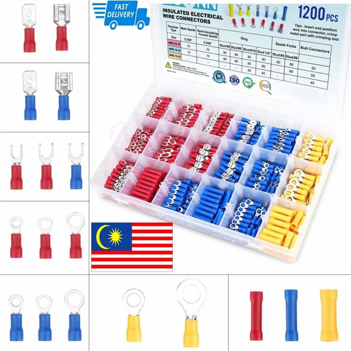 1200Pcs Terminals Connector Spade Set Assorted Insulated Wiring ...