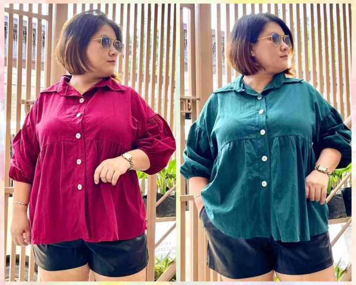 3XL • Venice Plus Size Puff Sleeves Button Up Plain Polo Blouse | Lazada PH