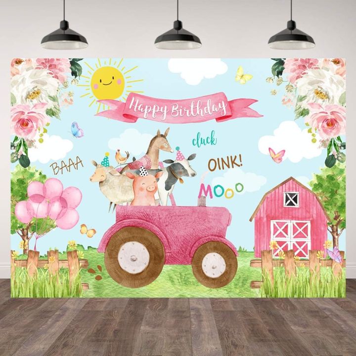 Cartoon Farm Happy Birthday Backdrop Pink Floral Barn House Green Grass ...