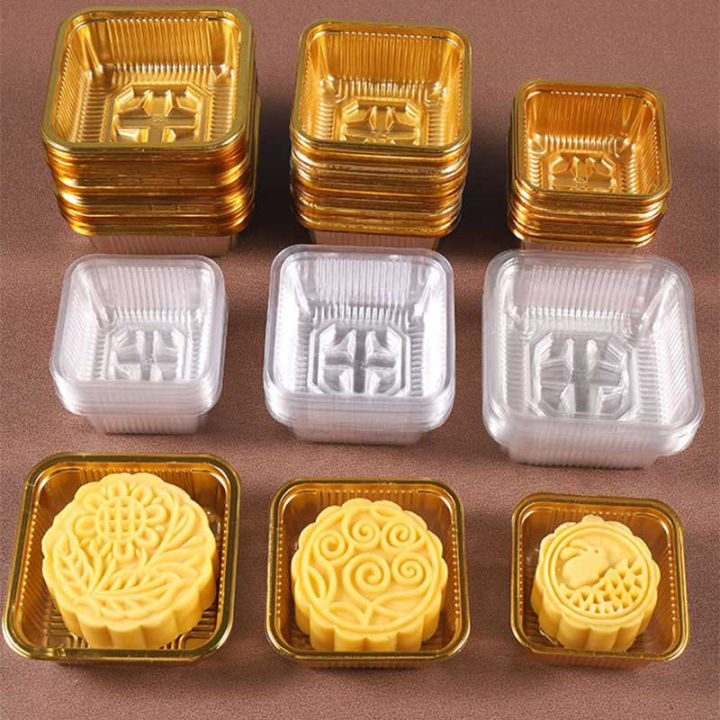 100Pcs Golden Transparent Moon Cake Tray Box Container Food Packaging ...