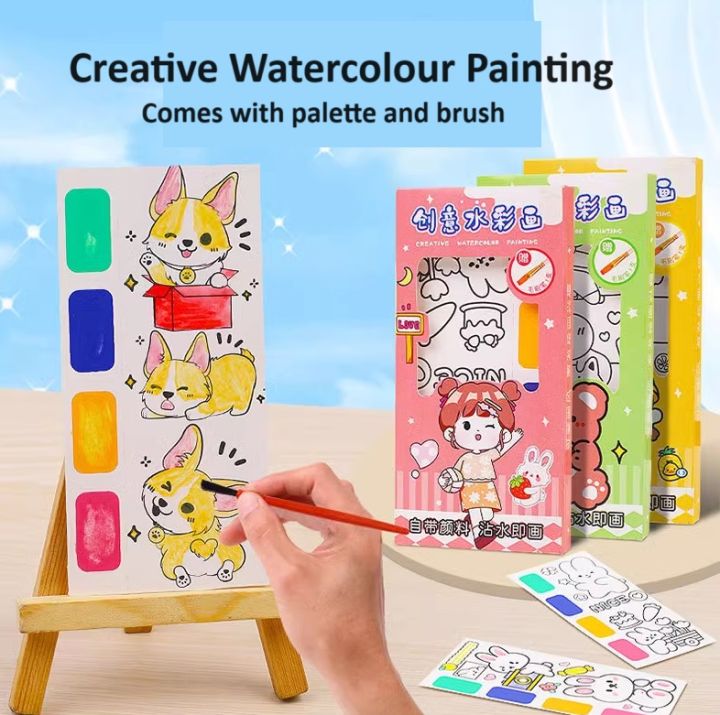 🌈Kids Watercolour Painting Coloring Book Set with Paintbrush Goodie Bag ...