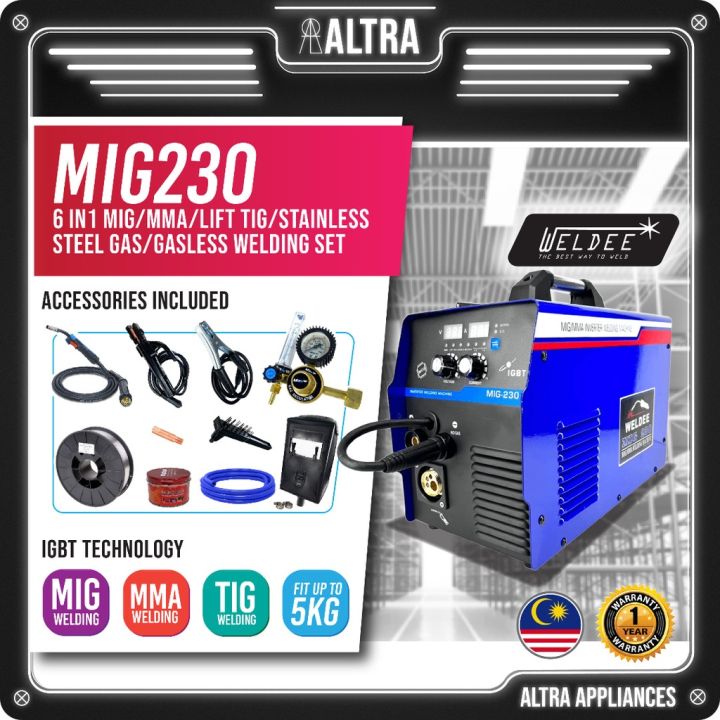 Weldee MIG230 - 6 IN 1 CO2 Gas, Gasless MIG Welding Set / Lift TIG/ MMA ...