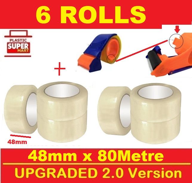 【6 Rolls + Dispenser】【 OPP TAPES 】48mm x 80m Clear Adhesive Transparent ...