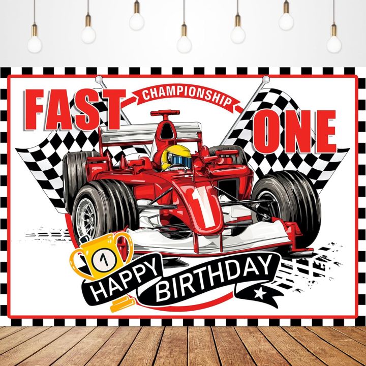 Fast One Birthday Backdrop Red Racing Car Cartoon Cute Black White ...