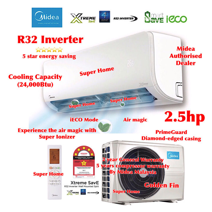 Midea 2.5hp Inverter Aircond Xtreme Save R32 Inverter MSXS-25CRDN8 Super ionizer Wall Mounted ...
