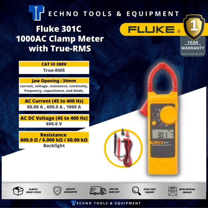 FLUKE 301C 1000AC Clamp Meter with True-rms, for voltage, resistance ...