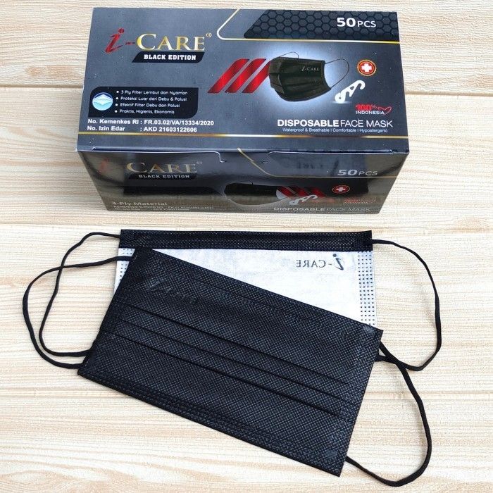 Masker Earloop Hitam 3ply isi 50 Pcs Kemenkes Earloop 3 Ply Black ...