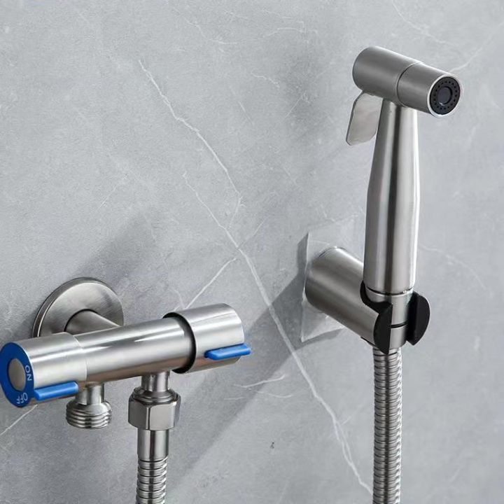 SUS304 Bidet Sprayer set Stainless Steel 4 in 1 Double Faucet Angle Valve+ Hose (1.5m) + Wall ...