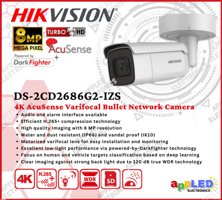 Hikvision DS-2CD2686G2-IZS 8MP Acusense Darkfighter Varifocal Bullet IP PoE Network Infrared ...