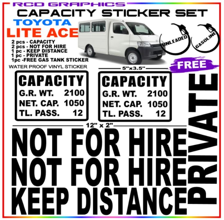 Toyota Lite Ace Capacity sticker set PRIVATE / NOT FOR HIRE / KEEP ...