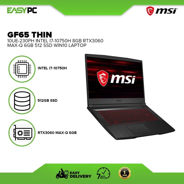 MSI GF65 Thin 10UE-230PH Intel i7-10750H 8GB RTX3060 Max-Q 6GB 512 SSD Win10 Single Backlight ...