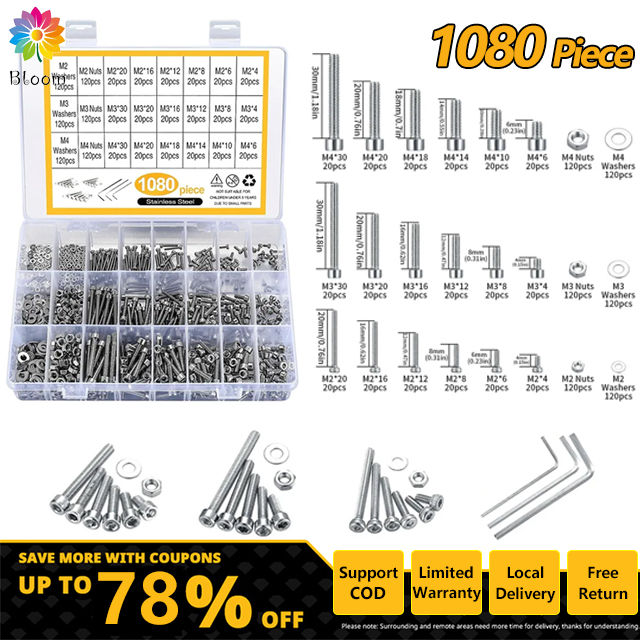 BLOOM 1080PCS Nuts and Bolts Set 304 Stainless Steel M2 M3 M4 Flat Head ...