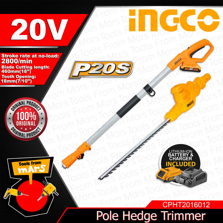 INGCO Lithium-Ion Cordless Pole Hedge Trimmer with Extension Pole 20V ...