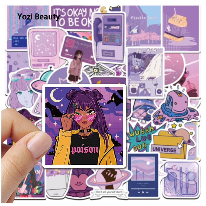 Set 50 waterproof vinyl stickers with purple-tone animation patterns ...