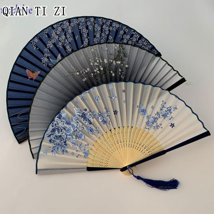QIAN TI ZI พัดลมพับมือถือ1อันไม้ไผ่และไม้สไตล์ย้อนยุคหลายสี | Lazada.co.th