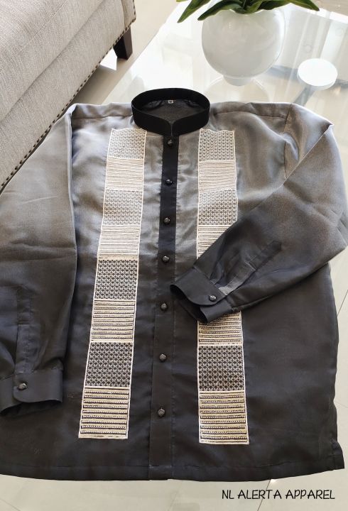 MONOCHROMATIC BLACK MEN'S BARONG CHINESE COLLAR BARONG WITH LINING ...