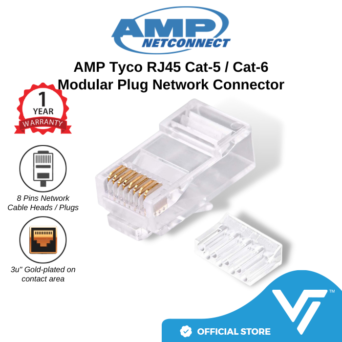 AMP Tyco RJ45 Cat6 Modular Plug Network Connector (Gold Plated, 8 pin ...