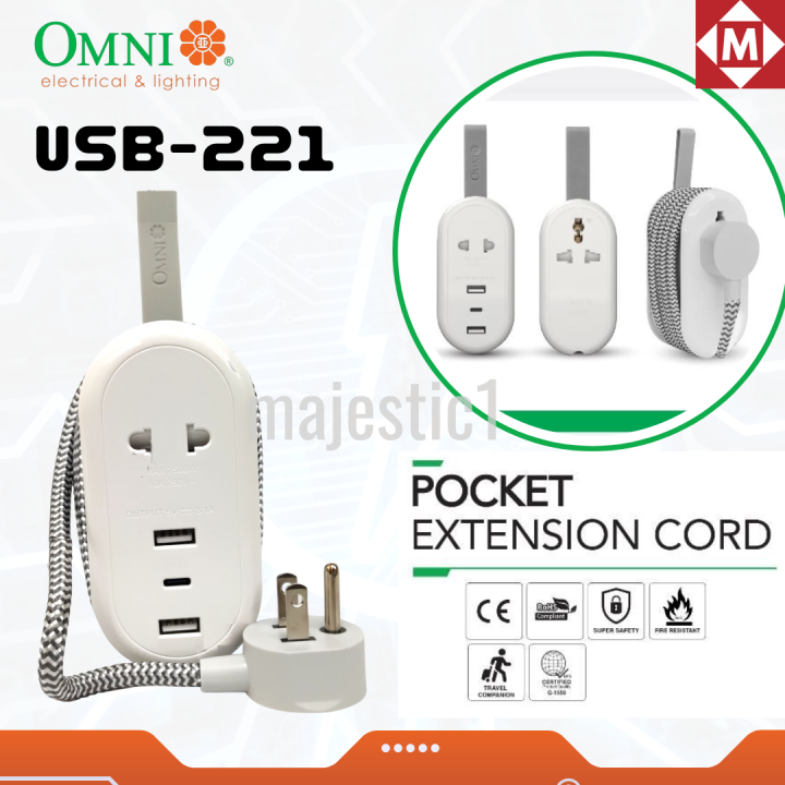 OMNI 5in1 Pocket Extension Cord USB-221 w/ USB-A, USB-C, Universal ...