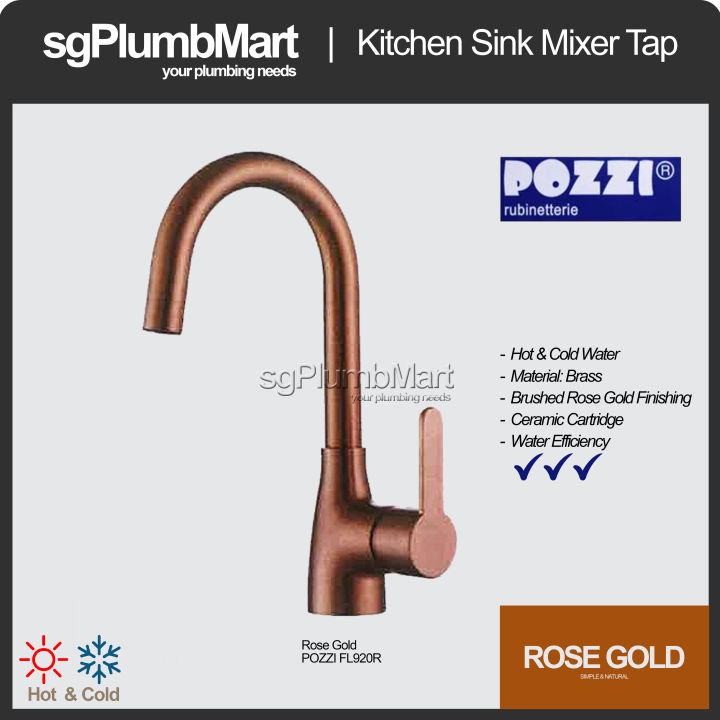 Pozzi x sgPlumbMart Brushed Rose Gold Kitchen Sink Mixer Tap FL920R Hot ...