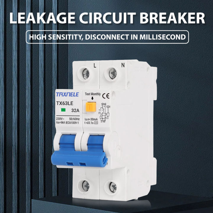 230V 2P Residual Current Circuit Breaker MCB 30mA Overload Short Current Leakage Protection ...