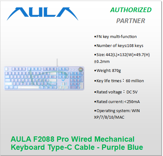 AULA F2088 Pro Wired Mechanical Keyboard Type-C Cable - Purple Blue ...