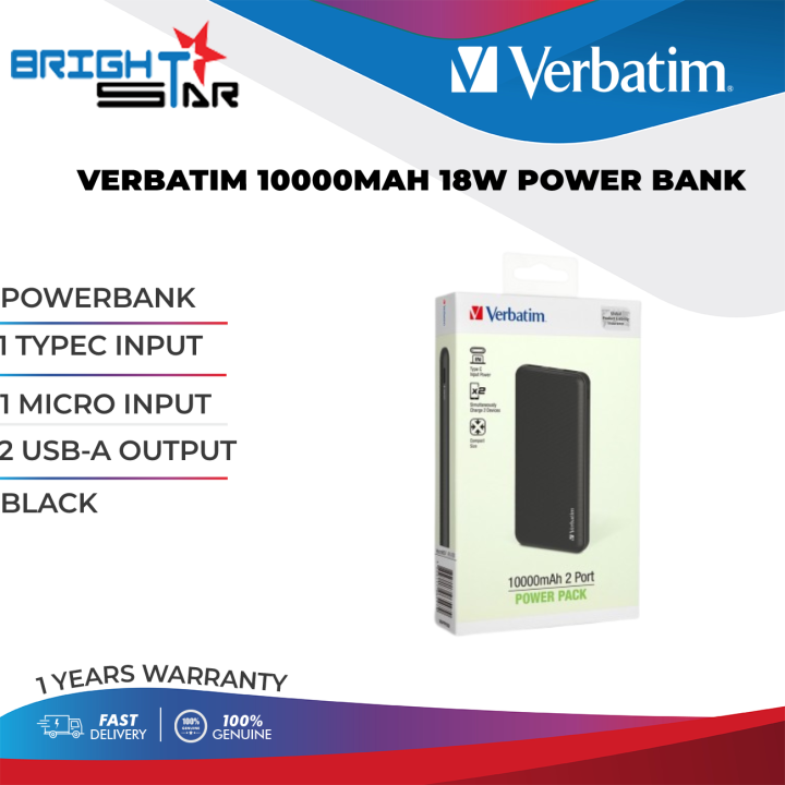 VERBATIM 10000MAH 18W POWER BANK / 1 TYPEC INPUT 1 MICRO INPUT & 2 USB ...