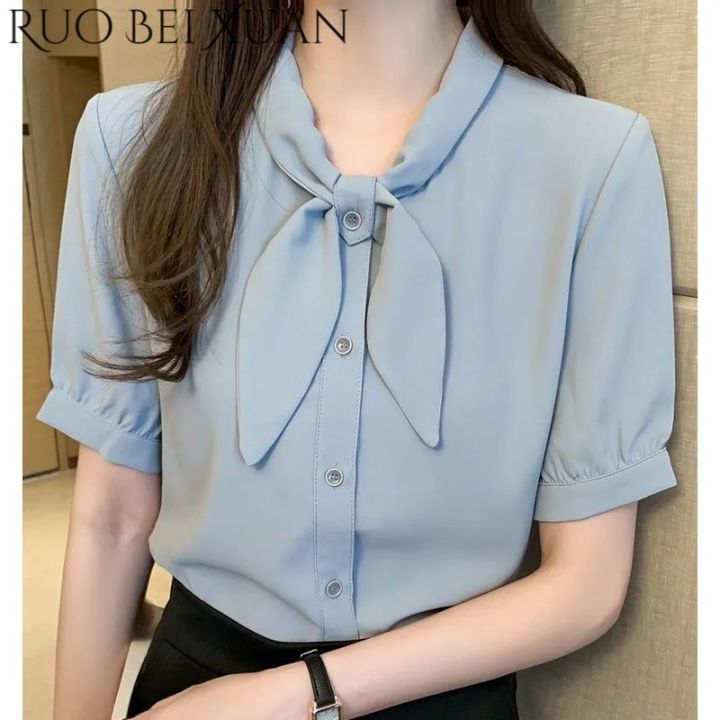 Ruo Bei Xuan เสื้อชีฟองแขนสั้นของผู้หญิง,เสื้อเชิ๊ตผ้าชิ๊ตผ้าชีฟองแขน ...