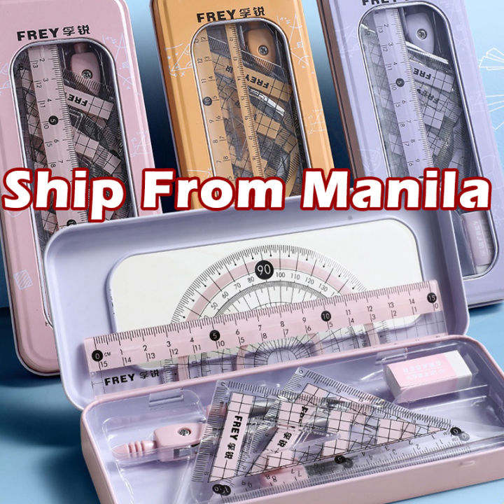 7Pcs/Set Flexible Ruler Set Compass Kit Kawaii Geometric Metal Box ...