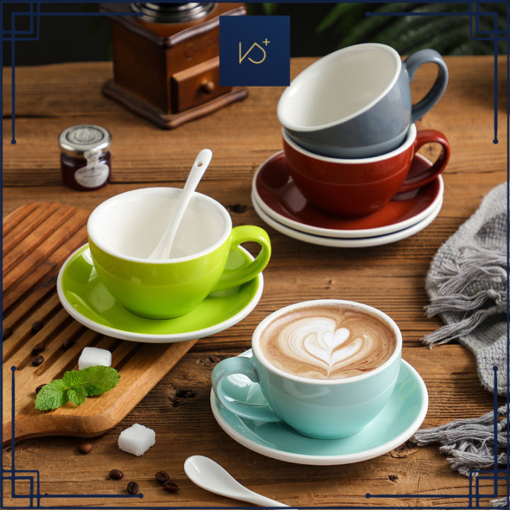 Kitchen Plus Glossy Ceramic Cappuccino Cups 300mL Coffee Cup and Saucer ...