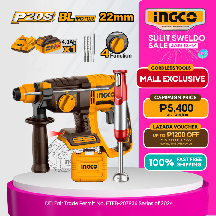 Ingco 20V Brushless Lithium-Ion Cordless Rotary Hammer Drill Chipping ...